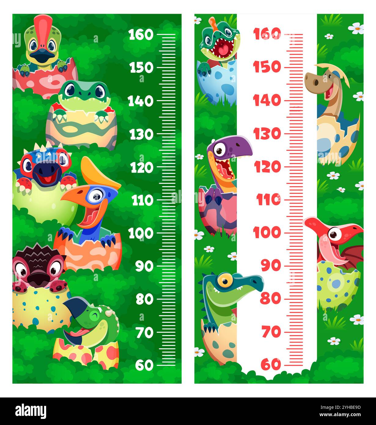 Kids height chart ruler with funny dino kids characters in eggs. Vector ...