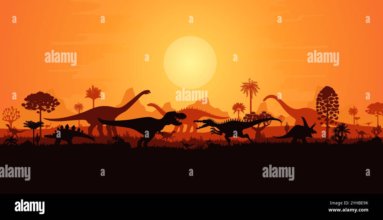 Giant dinosaurs fighting silhouettes in sunset landscape of Jurassic ...