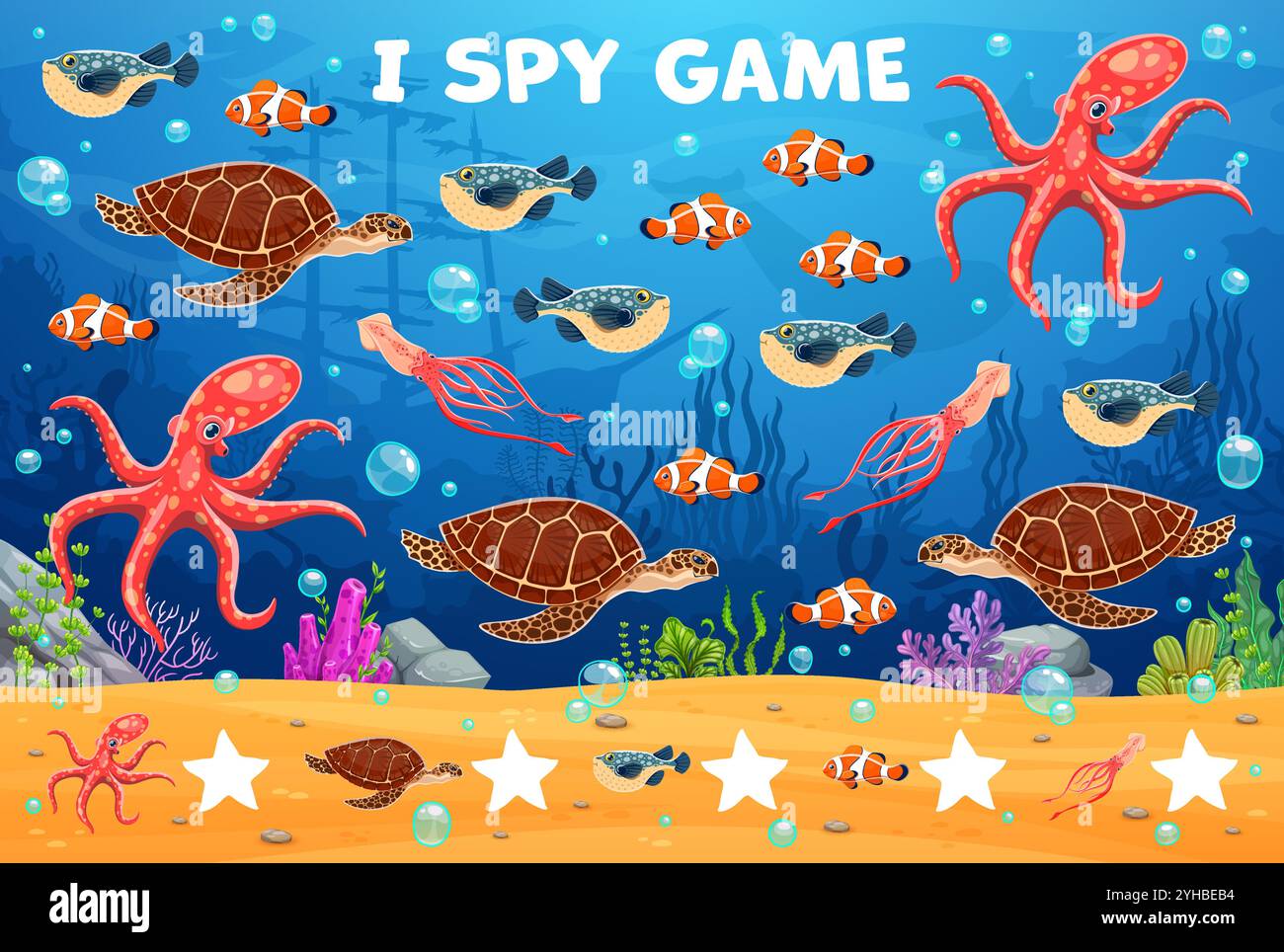 Cartoon sea animals on kids I spy game worksheet, vector puzzle quiz ...