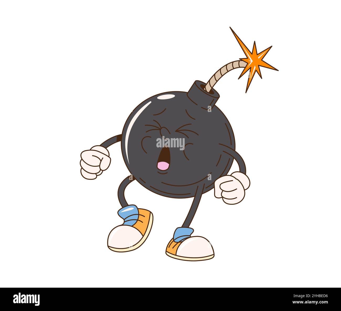 Cartoon retro groovy bomb character with round, black body, lit fuse ...