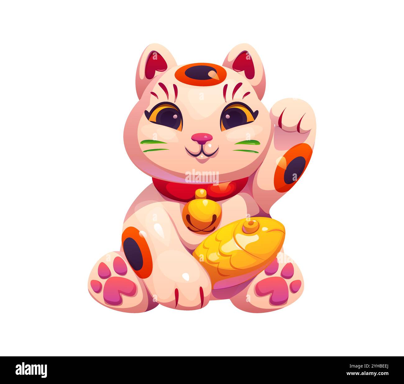 Cartoon Japanese lucky cat maneki neko holds a golden fish while raising one paw in a welcoming ...