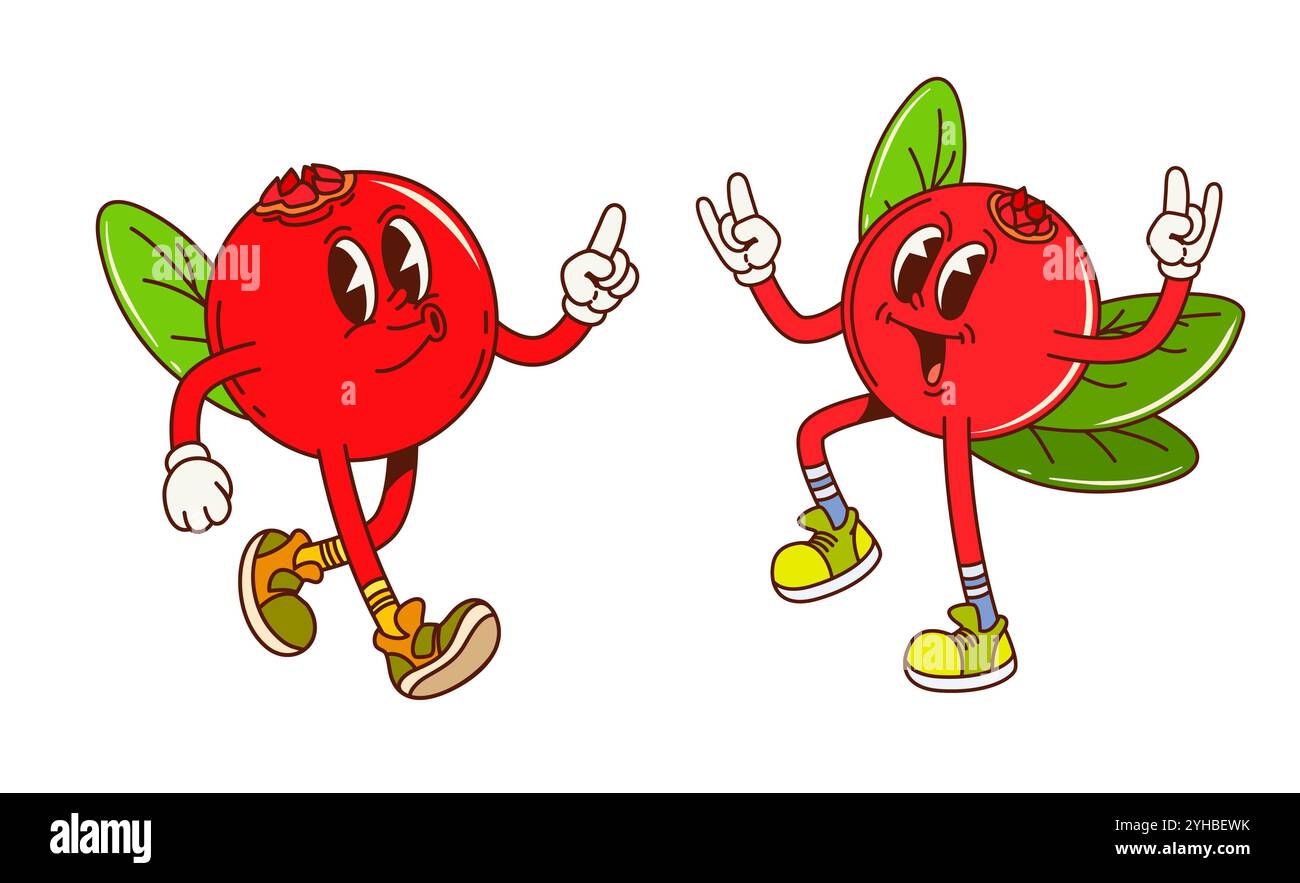 Cartoon retro groovy cranberry fruit characters with funny faces ...