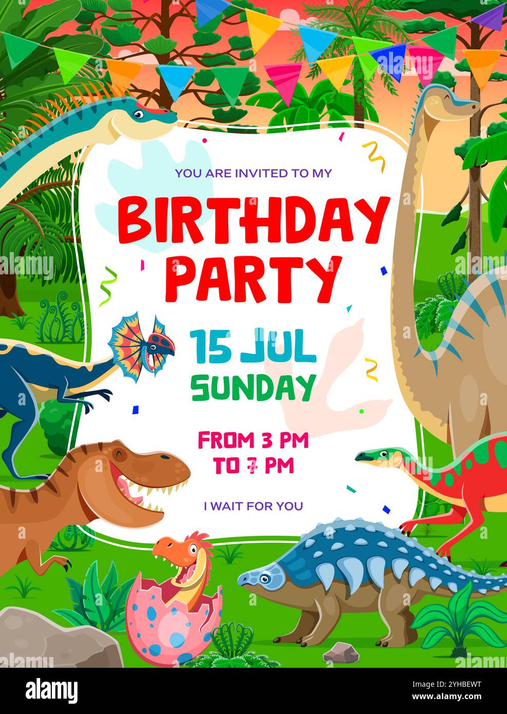 Birthday party flyer with cartoon funny prehistoric dinosaurs, vector ...