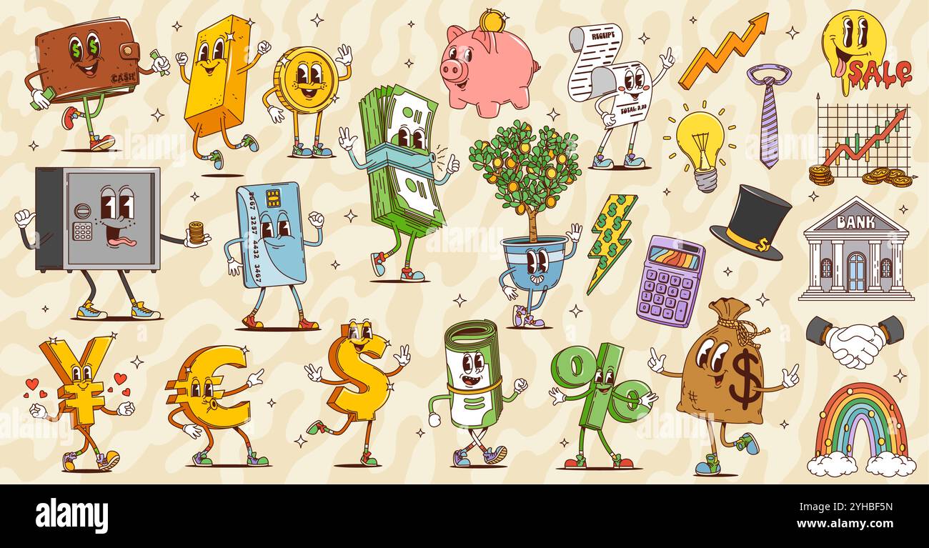 Retro cartoon groovy finance characters of cute money, golden coins ...