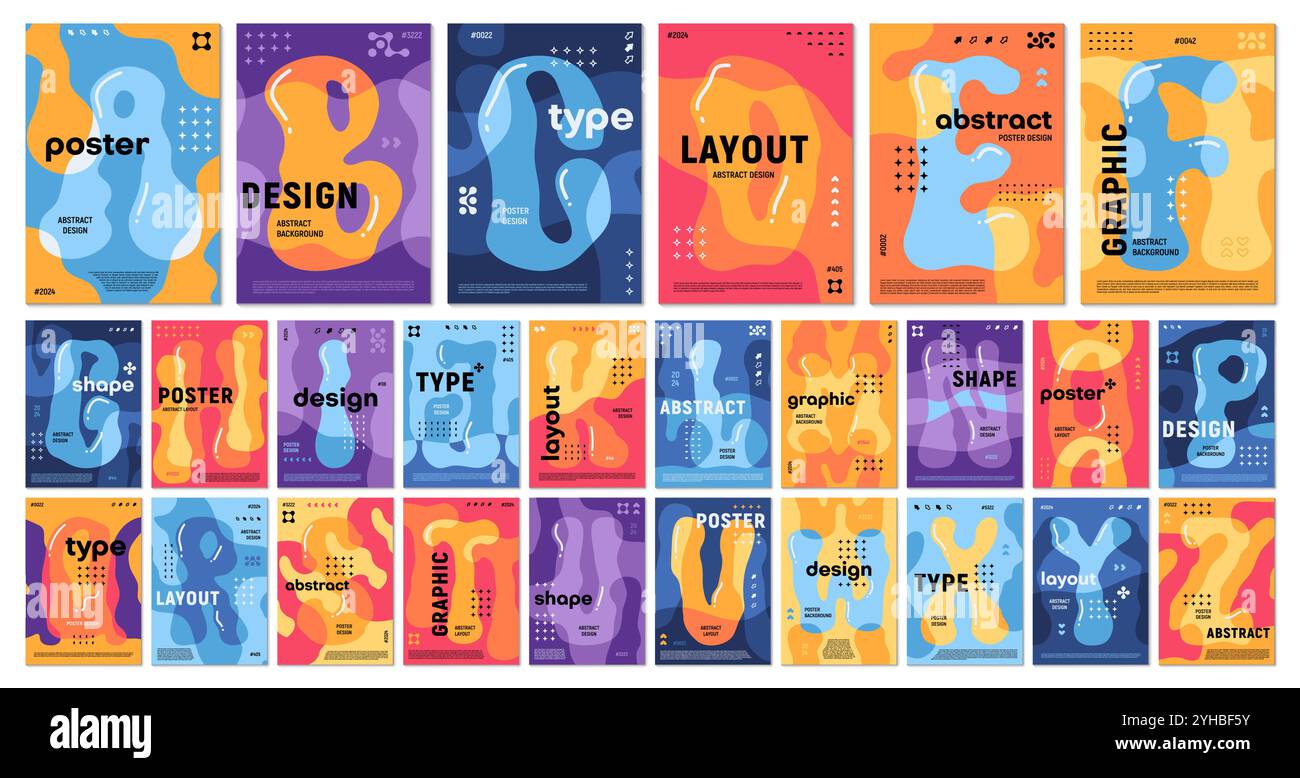 Groovy bubble alphabet typography book covers, poster templates layout ...