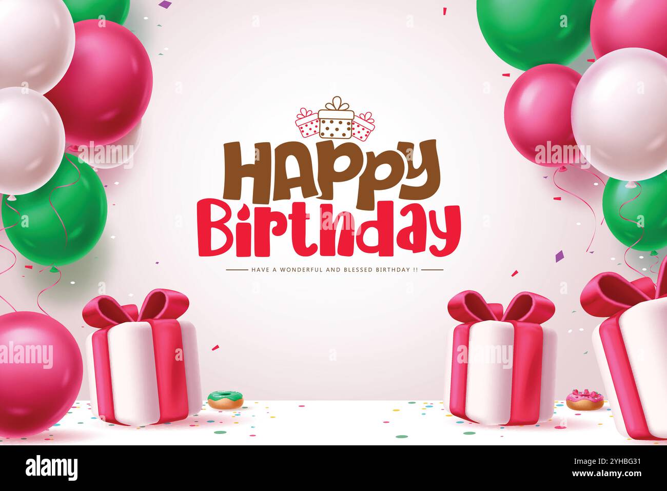 Happy birthday greeting vector template design. Birthday greeting text with red, green balloons ...