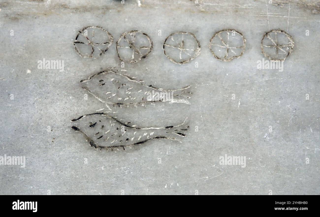 Roman tombstone with Christian iconography. Two fish and five bread ...