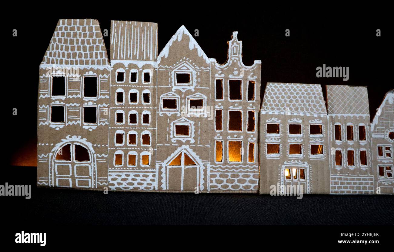 Panorama of old houses. Hand made. Houses are cut out of cardboard ...