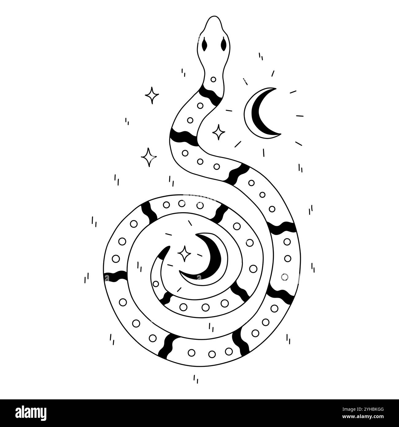 Mystical snake among crescents and stars curled into ring on white ...