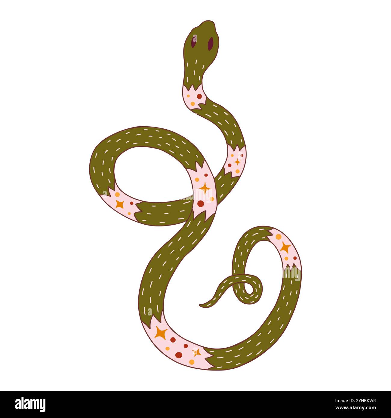 Green snake with circles and stars on white background. Colorful ...