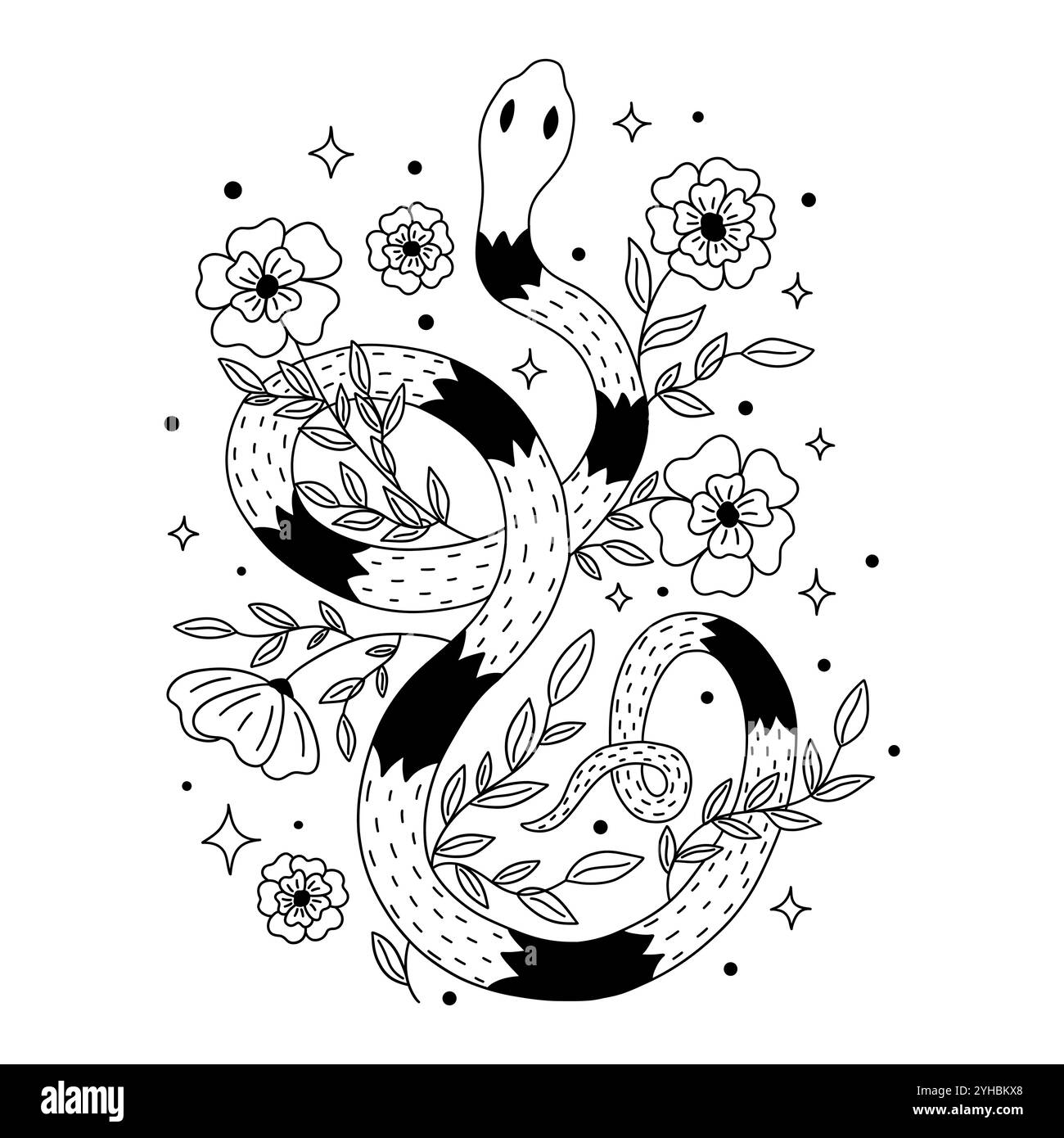 Snake among flowers, leaves and stars on white background. Black and ...
