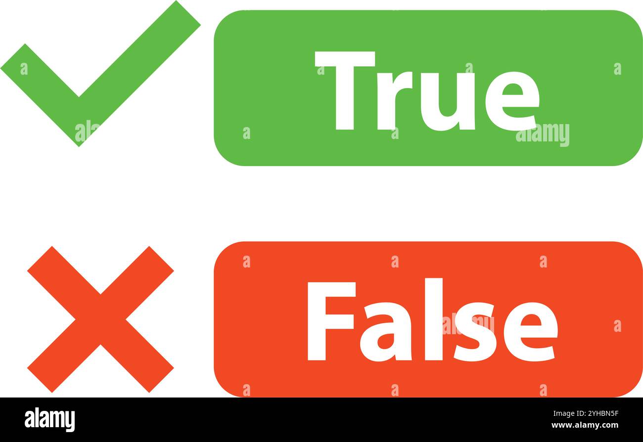 True and false dialogue box with tick and cross, right and wrong mark in green and red color ...