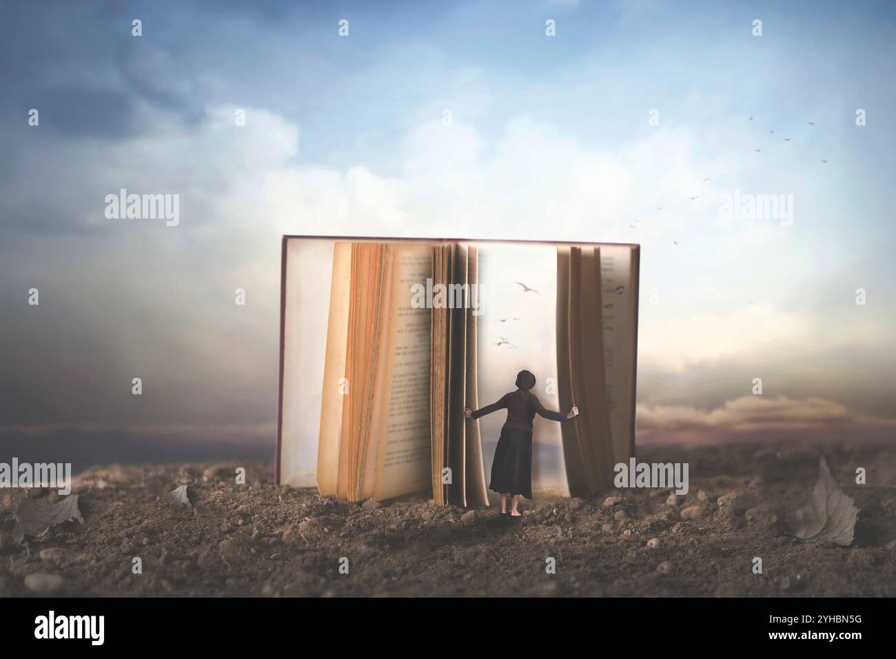 surreal person enters a surreal book that merges with the sky behind ...