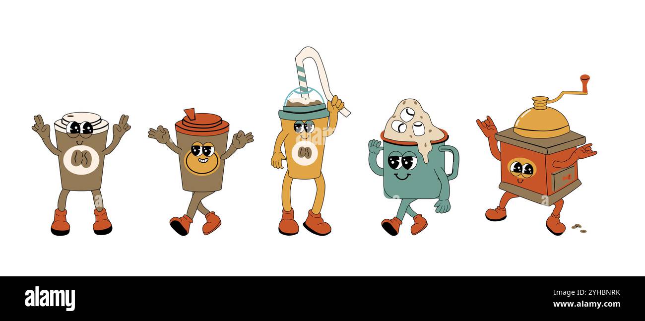 Coffee and Cocoa Groovy Characters set. Isolated on white. Cute y2k hot ...