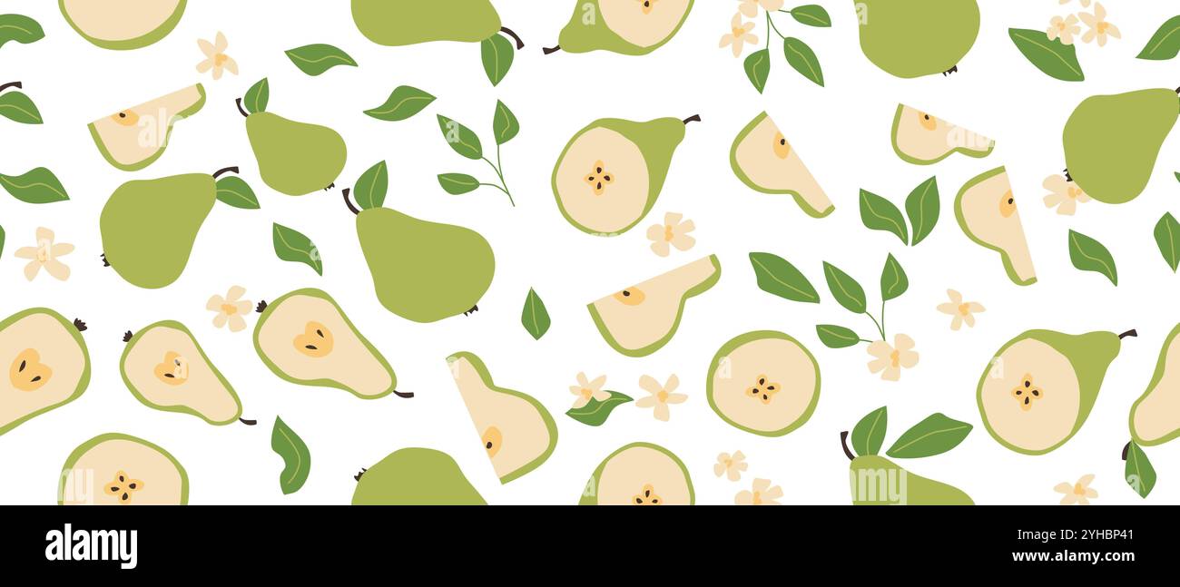 Hand drawn abstract bright fruit pear pattern with plant parts and ...