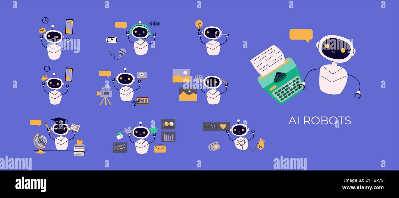 Artificial intelligence robots set. Ai generating texts, images, video ...