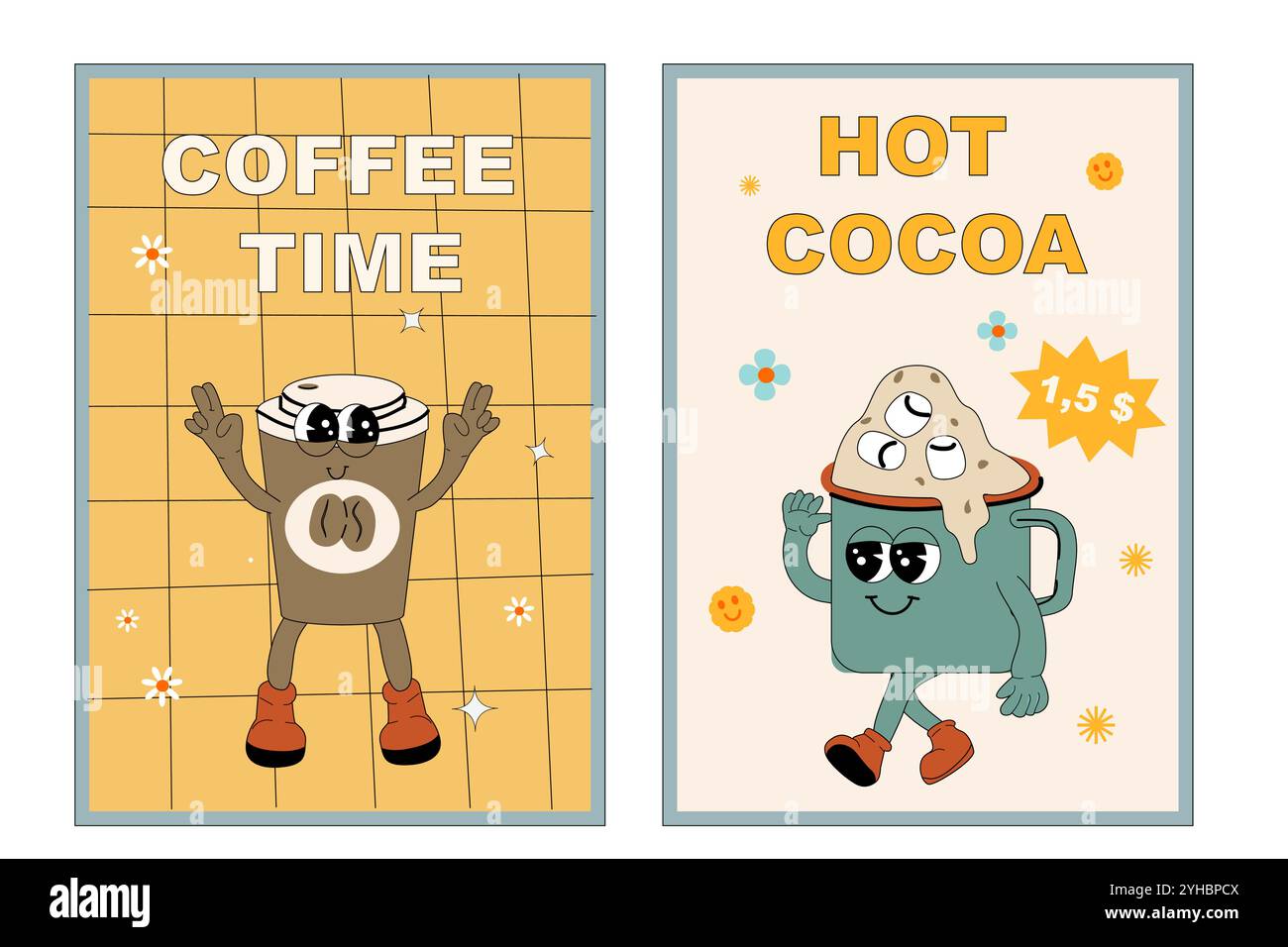 Banner or poster with coffee groovy characters set. Retro y2k and 60s ...