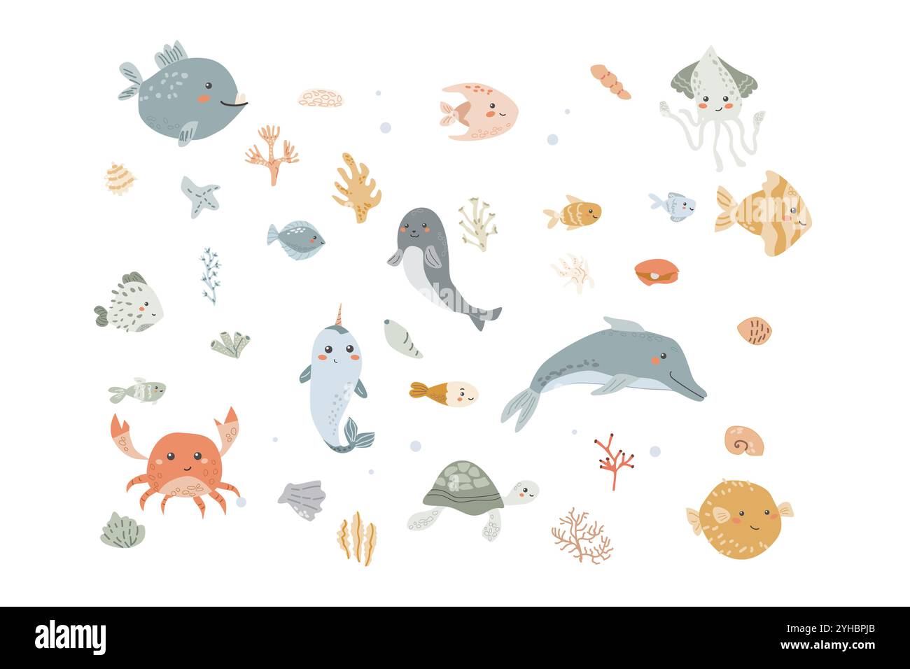 Cute childrens sea animals set. Marine underwater elements collection ...