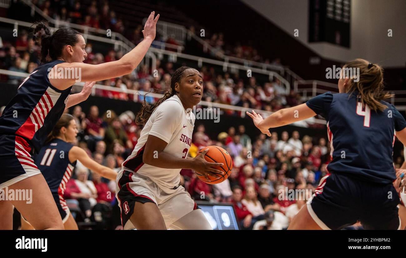 Palo Alto CA, USA. 10th Nov, 2024. A. Stanford forward Nunu Agara (3)drives to the hoop during ...
