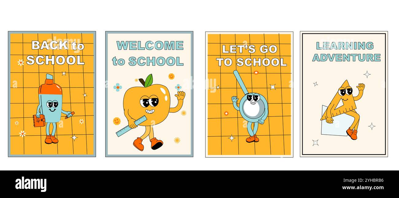 School posters set with groovy characters. Stationery with y2k school ...