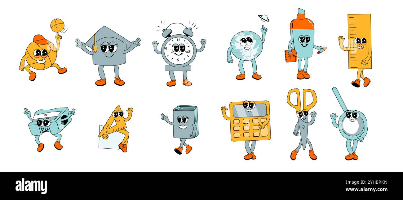 y2k school characters set. Collection of school groovy supplies with ...