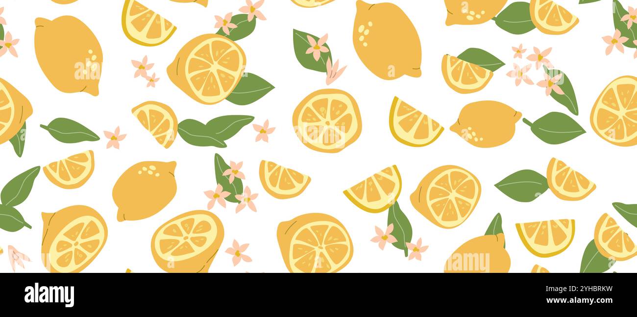 Hand drawn abstract lemon fruit pattern with plant parts and sliced ...