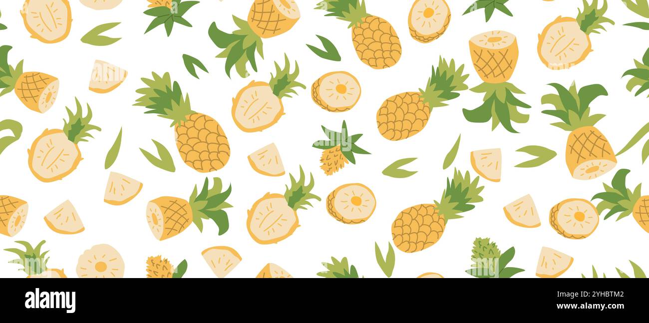 Hand drawn summer bright abstract fruit pattern with pineapple plant ...
