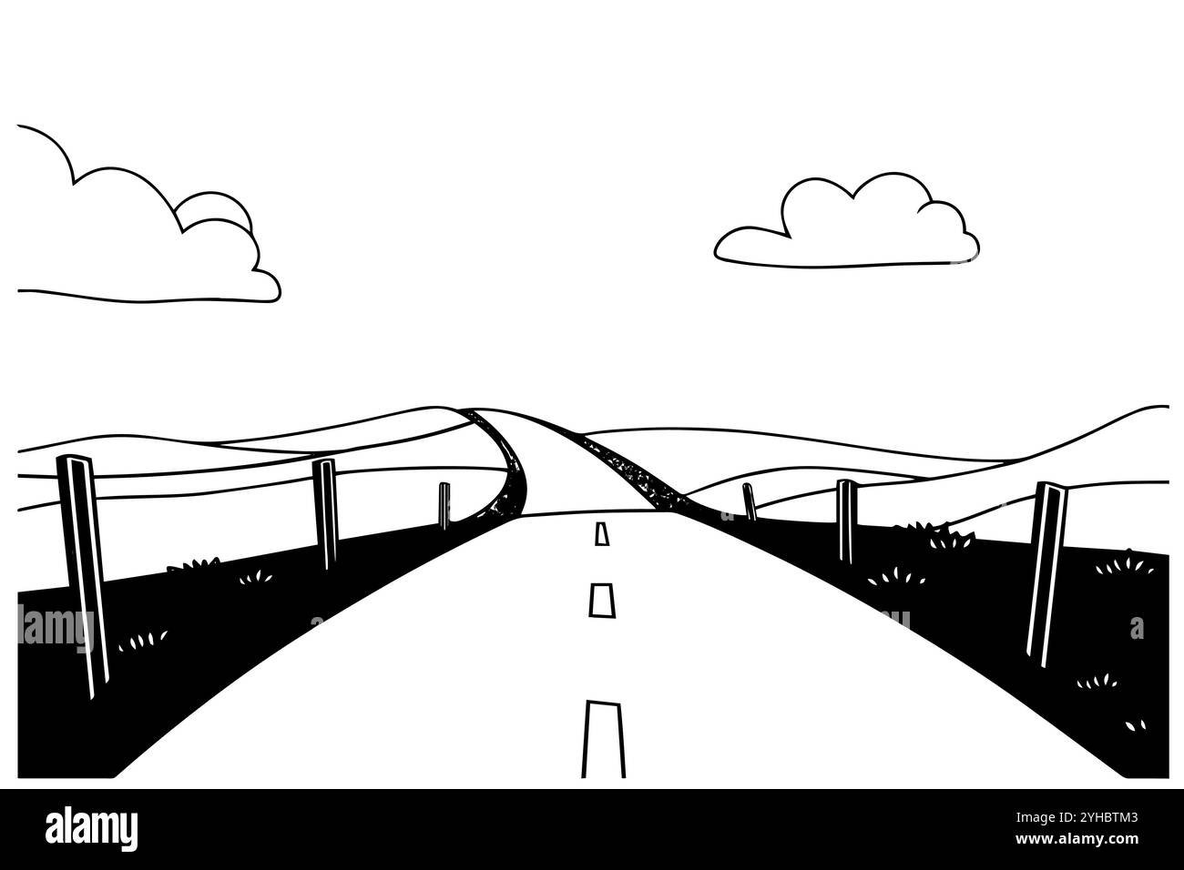 Simple road hand drawn ink sketch highway landscape. Engraved style ...