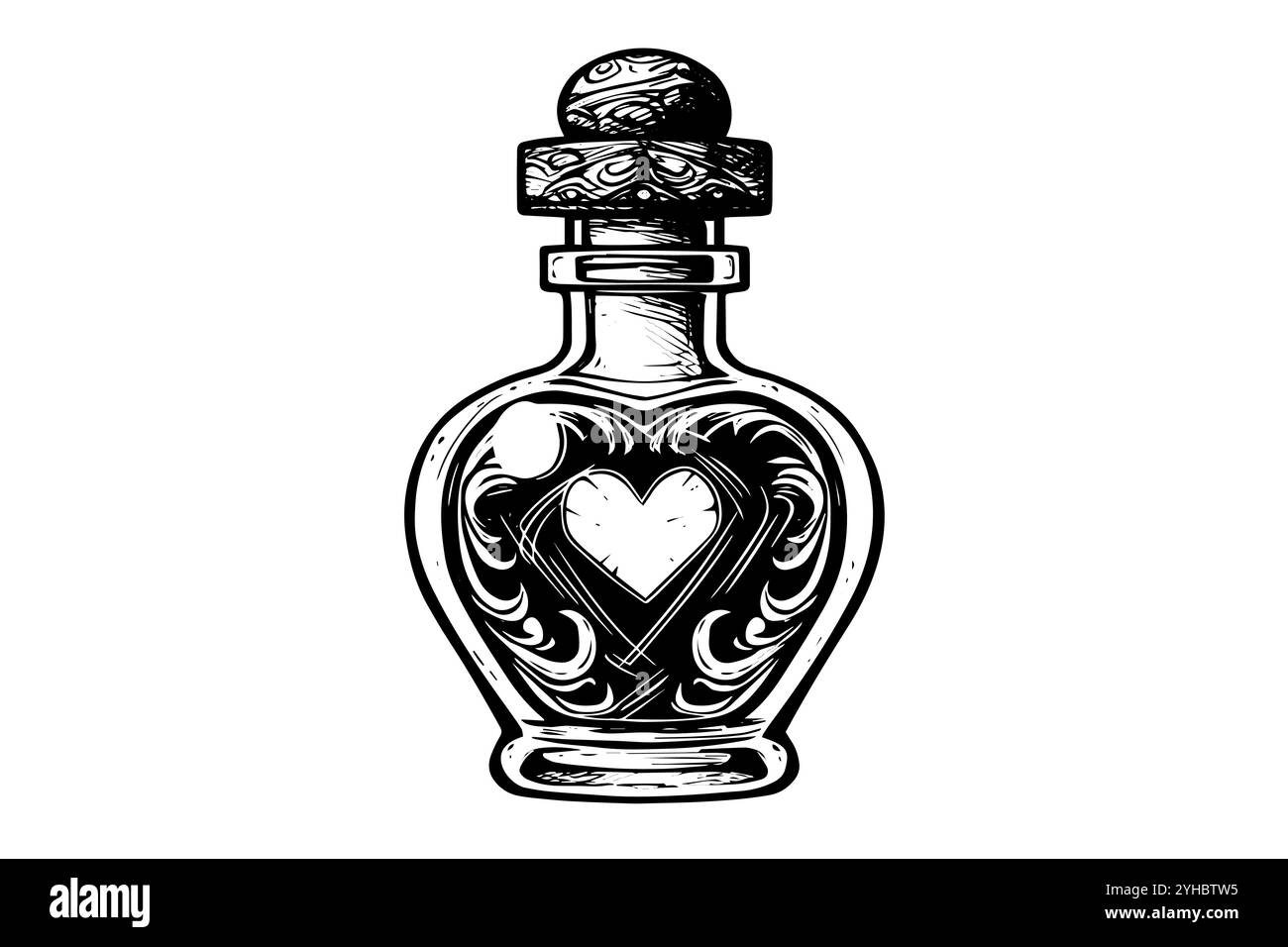 Magic bottle with love potion hand drawn ink sketch. Engraved style ...