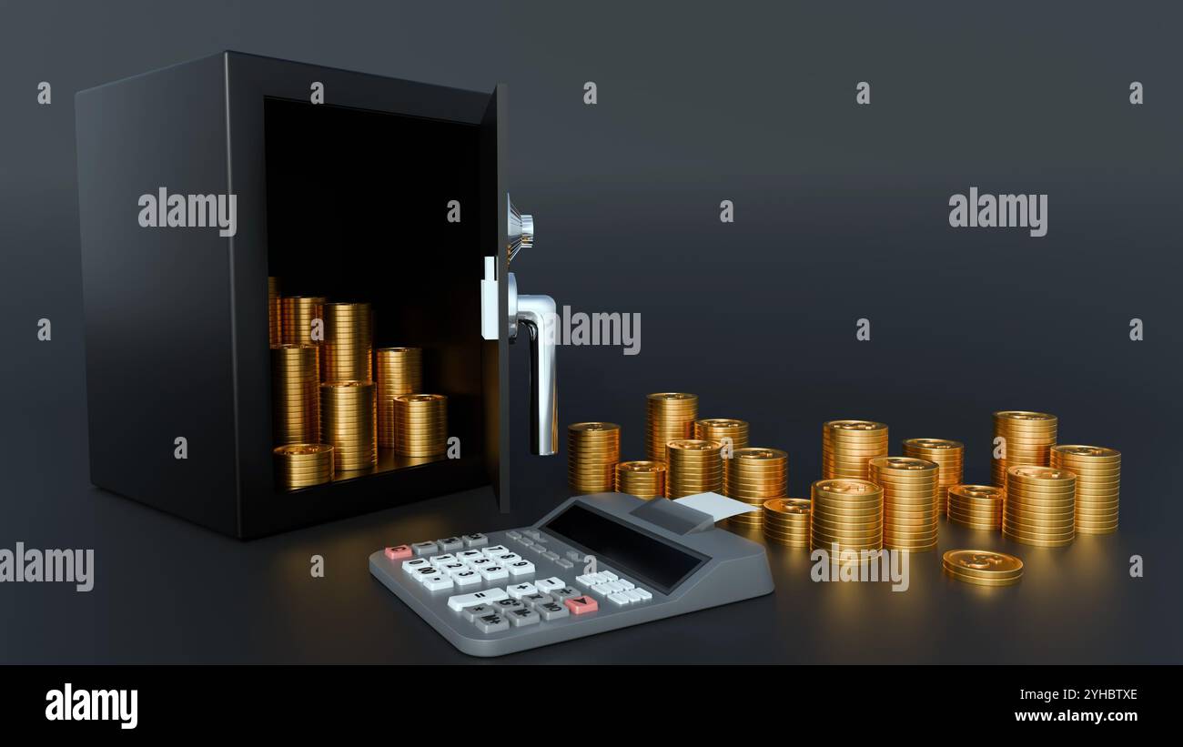 A 3d rendering of an open black safe with pile of gold coins and a ...