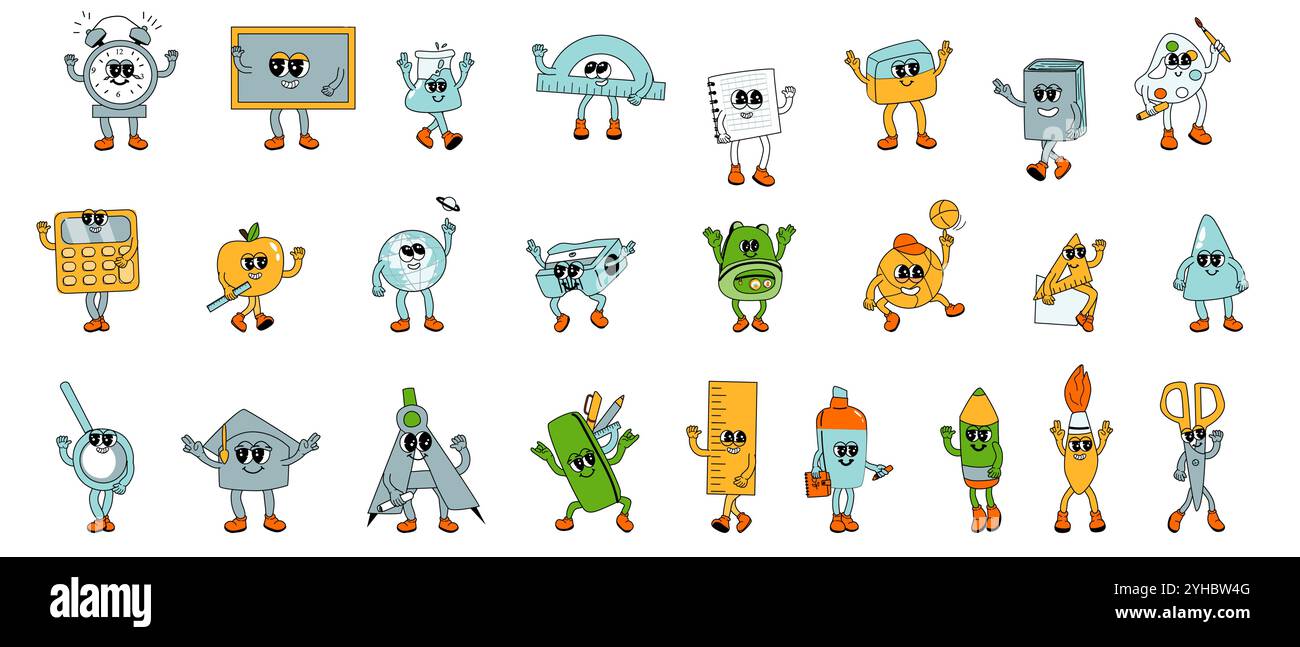 y2k school characters set. Collection of school groovy supplies with ...