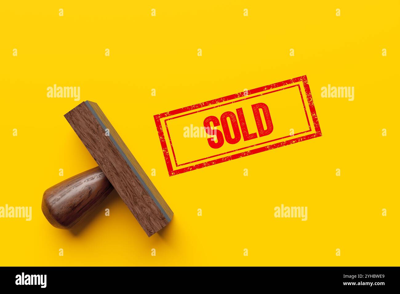 Rubber stamp on yellow background with red sold sign, symbolizing ...