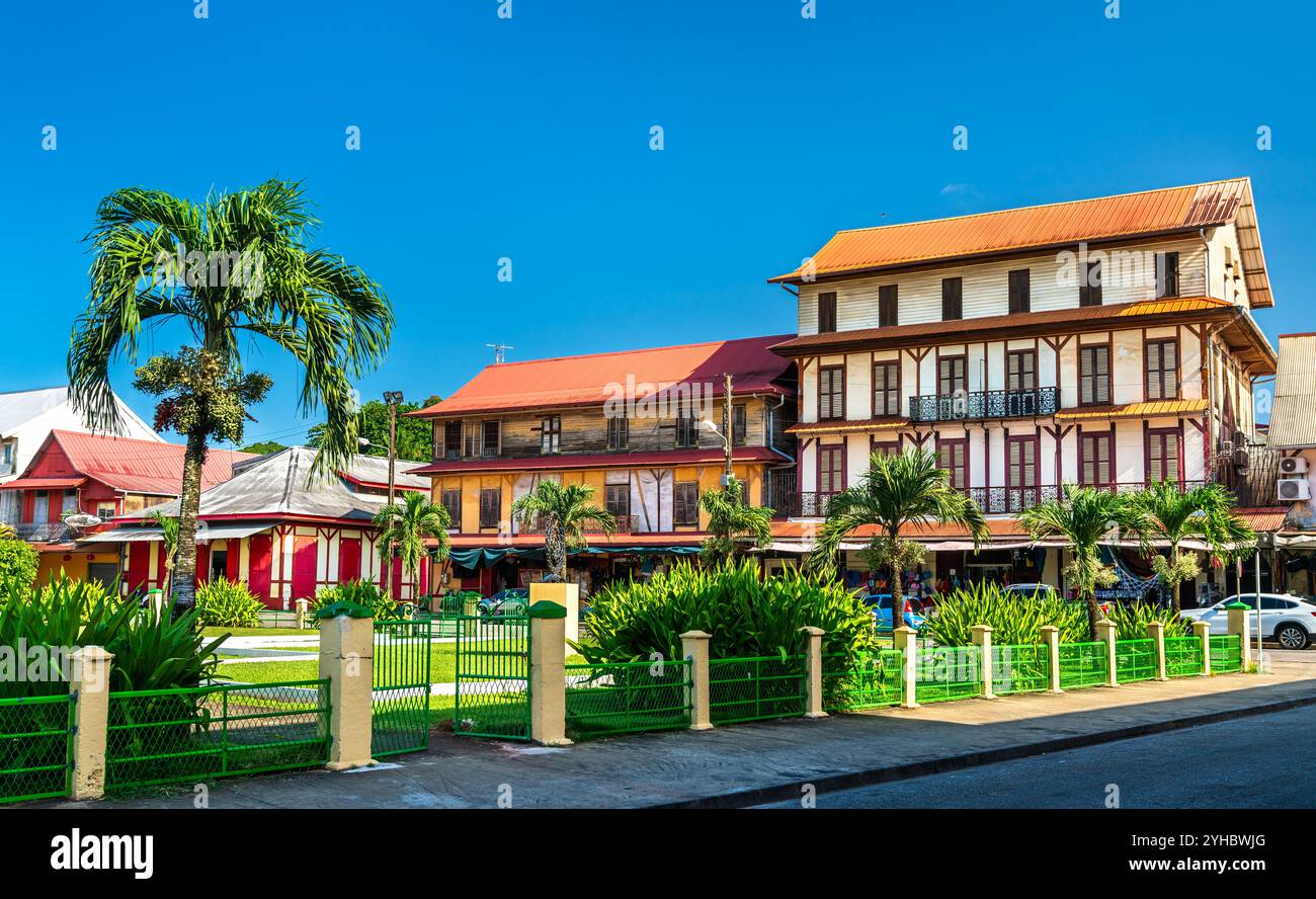 Traditional houses at Place du Coq in Cayenne, the capital of French ...
