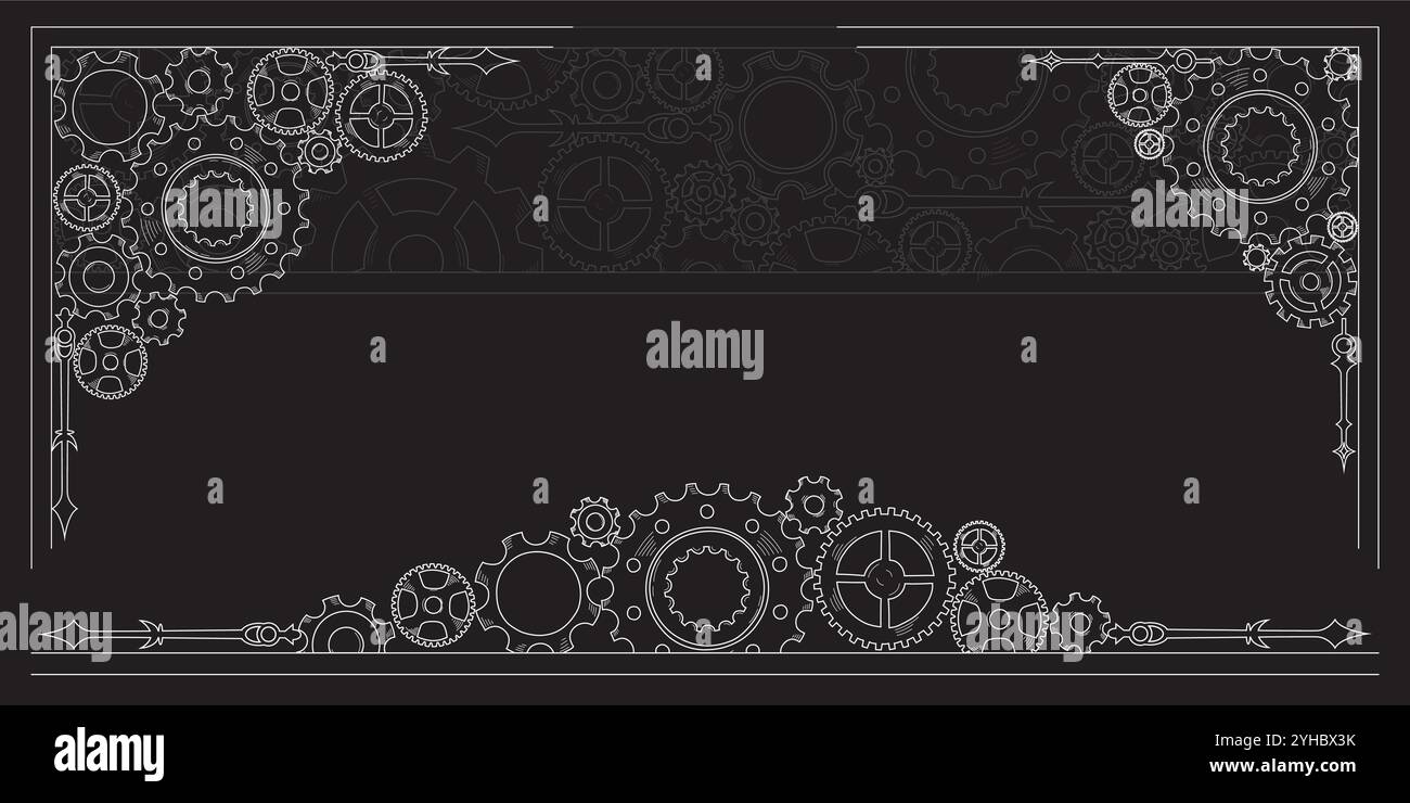 Doodle sketch style of cogwheel gears in a hand-drawn frame and border ...