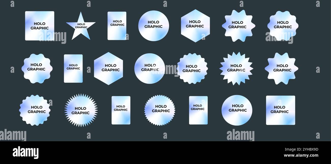 Set of stickers, hologram emblems, holographic labels on dark background. y2k gradient neon ...