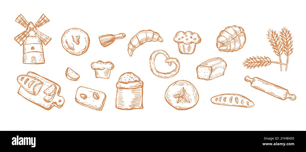 Bread collection in retro style. Sketch of wheat, bun, croissant, flour ...