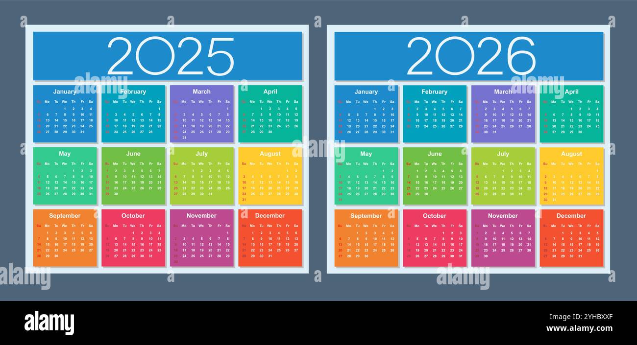 Colorful calendar for 2025 and 2026 years. Week starts on Sunday ...