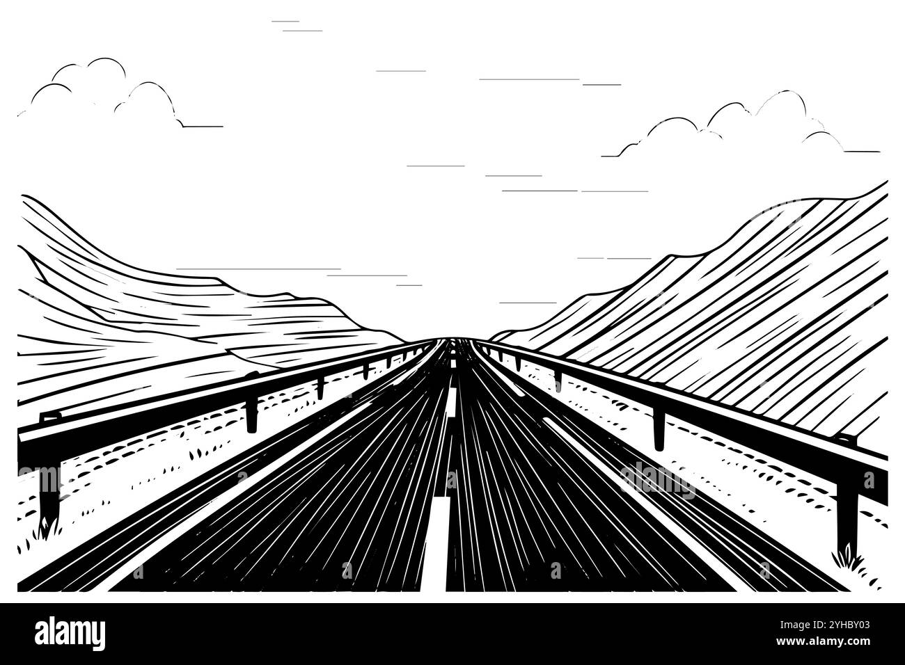 Simple road hand drawn ink sketch highway landscape. Engraved style ...