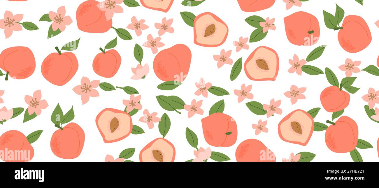 Hand drawn abstract fruit peach pattern with plant parts and sliced ...