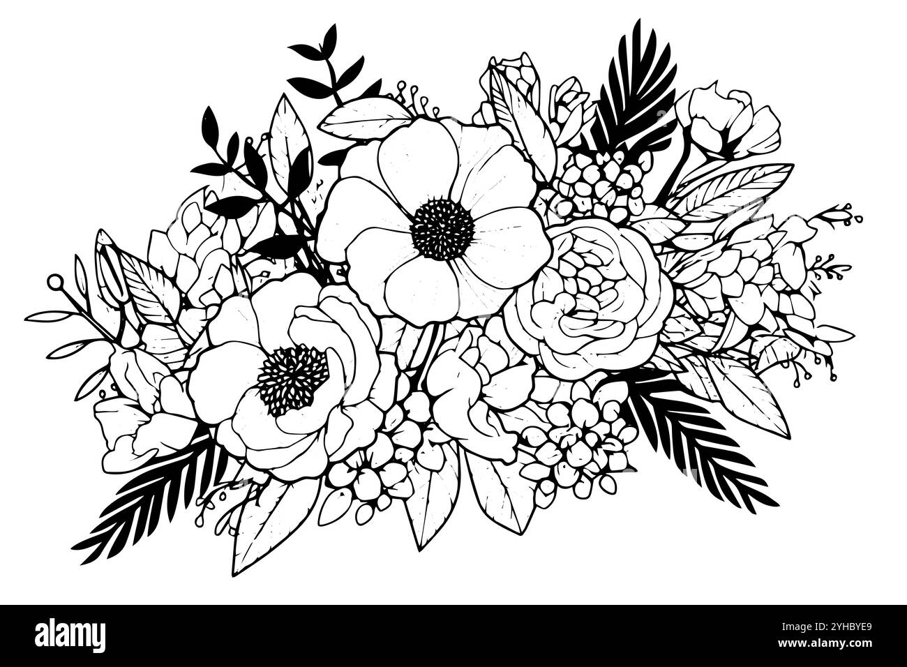 Hand drawn ink sketch of meadow wild flower composition. Engraved style ...