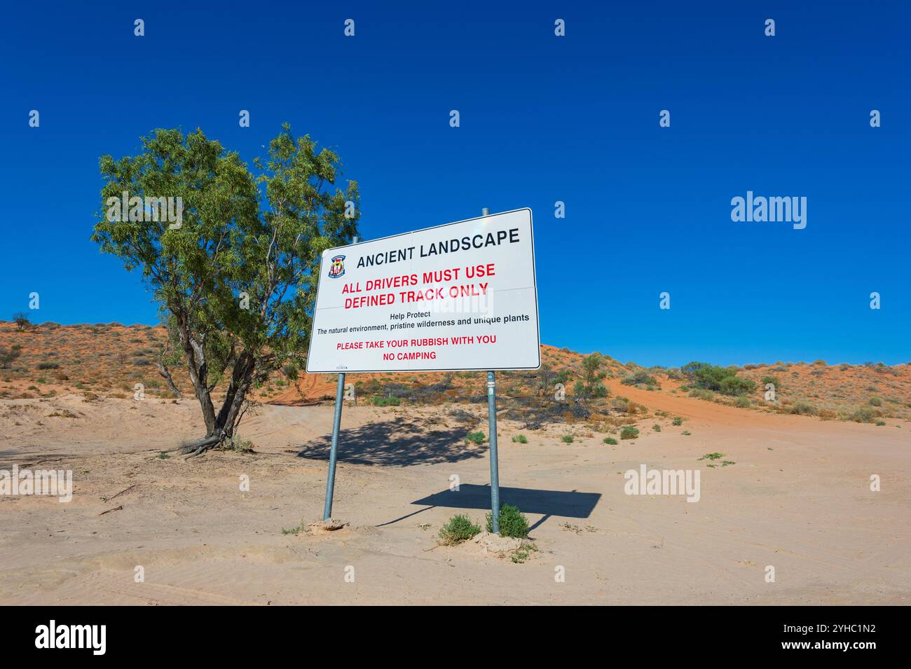 Sign warning of Ancient Landscapes, Simpson Desert, Queensland, QLD ...