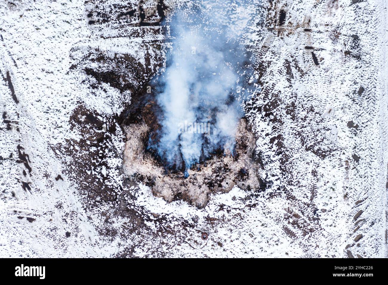 Burning manure pile at farm, air pollution and contamination, aerial ...