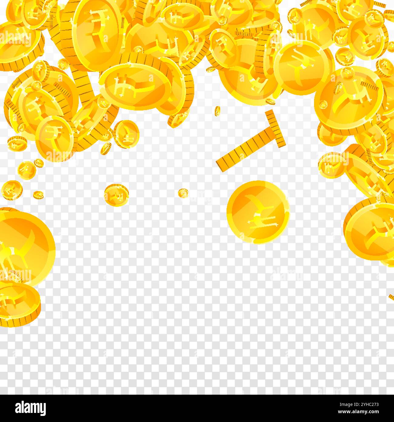 Indian rupee coins falling. Scattered gold INR coins. India money ...