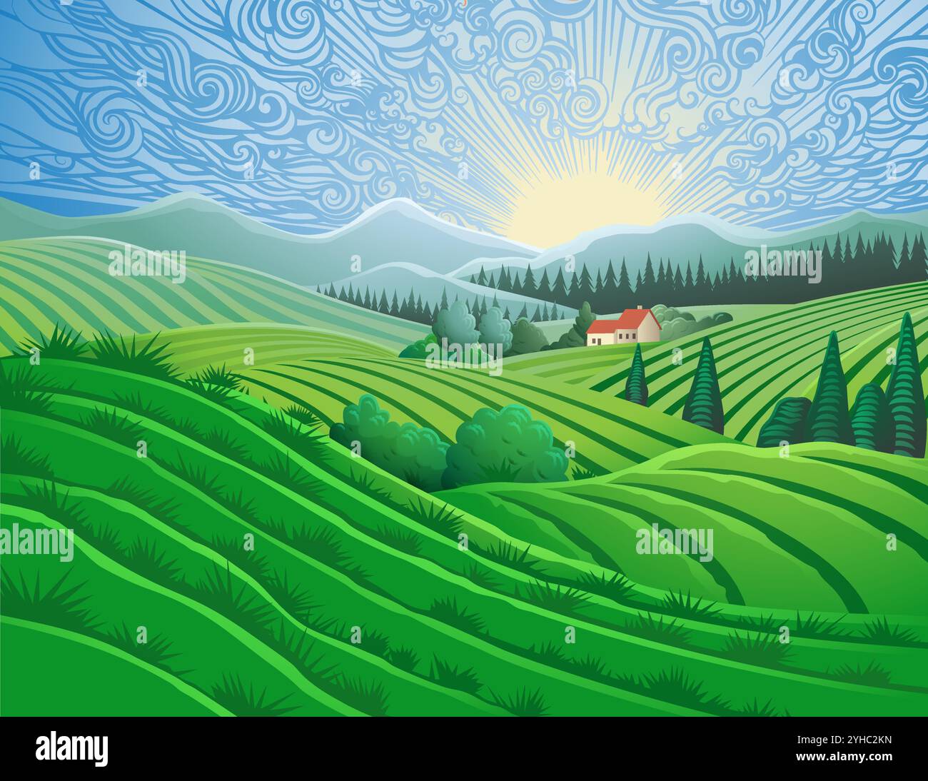 Fields Hills Farm House Landscape Background Stock Vector Image & Art - Alamy