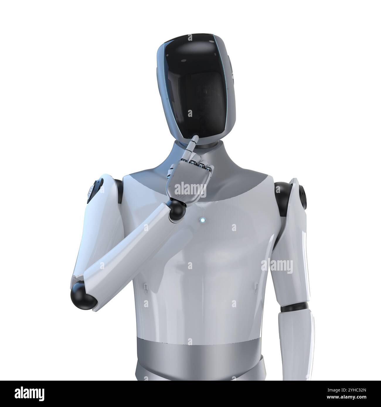 3d rendering humanoid robot or ai cyborg with black face think or analyze isolated on white ...