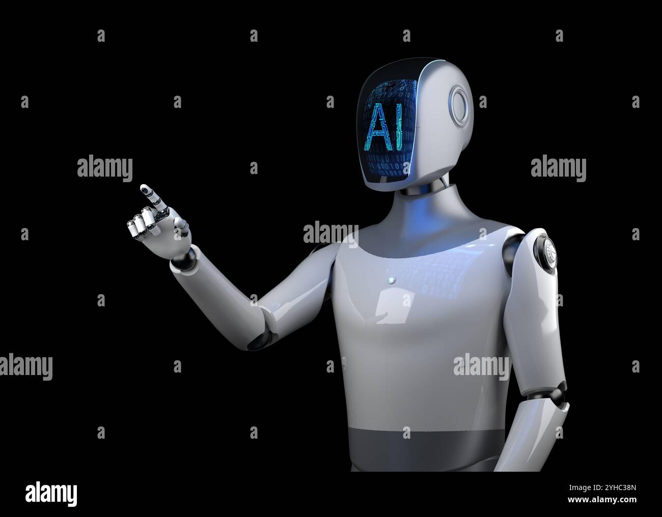 3d rendering humanoid robot or ai cyborg with ai face finger point isolated on black Stock Photo ...