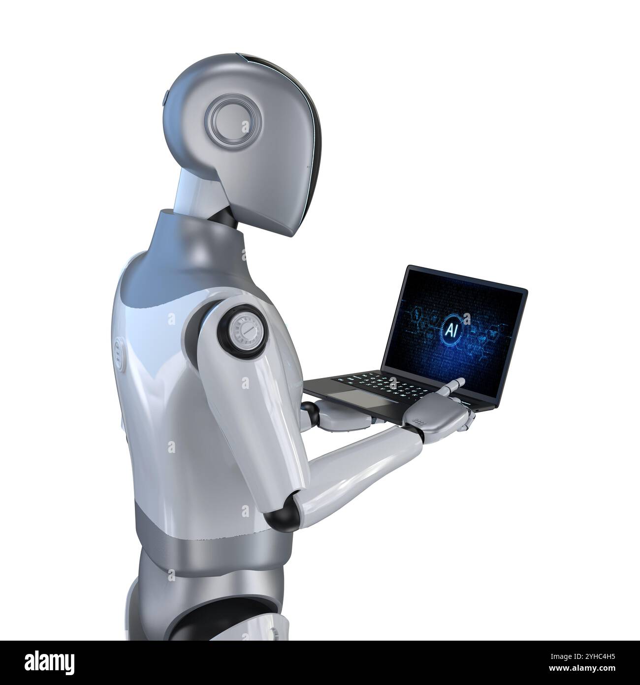 3d rendering humanoid robot or ai cyborg with black face hand hold ...