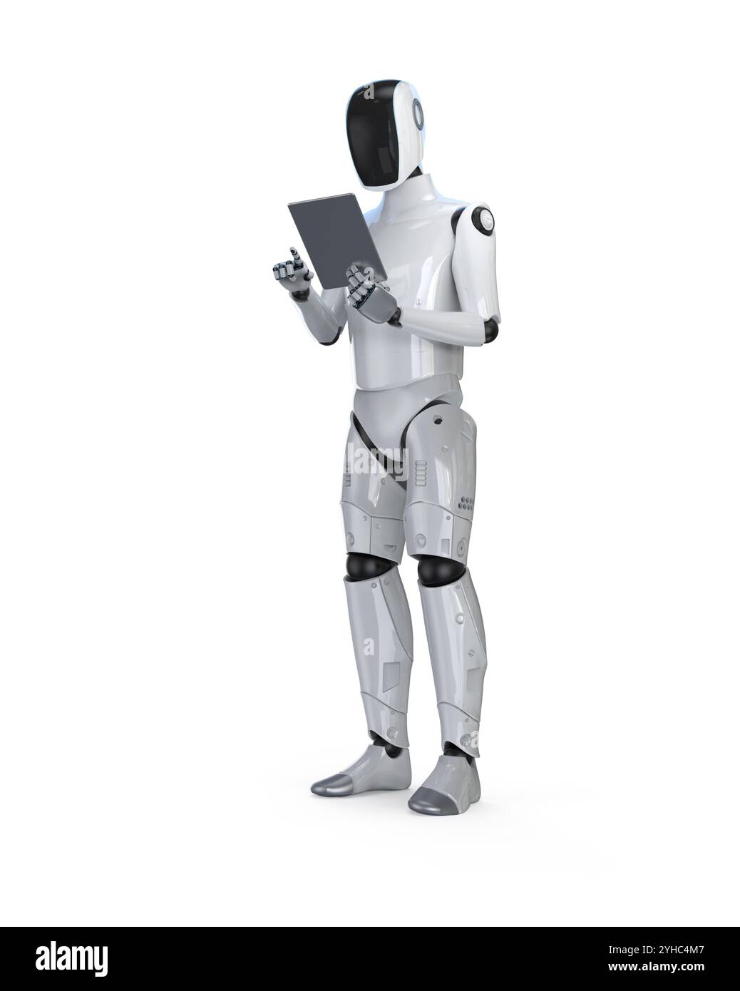 3d rendering humanoid robot or ai cyborg with black face hand hold digital tablet isolated on ...