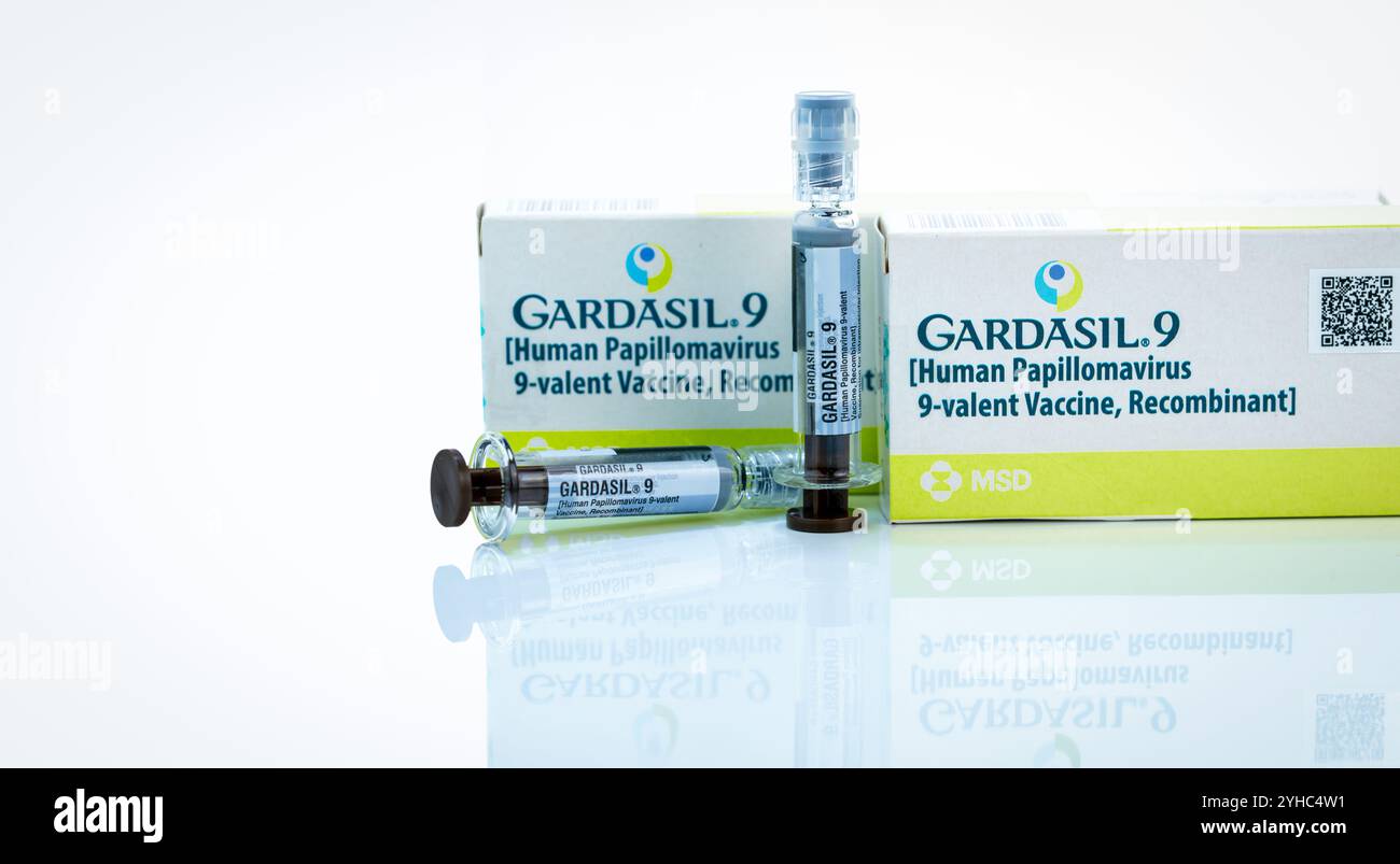 CHONBURI, THAILAND-SEPTEMBER 13, 2024: Gardasil 9 HPV vaccine packaging with prefilled syringe ...