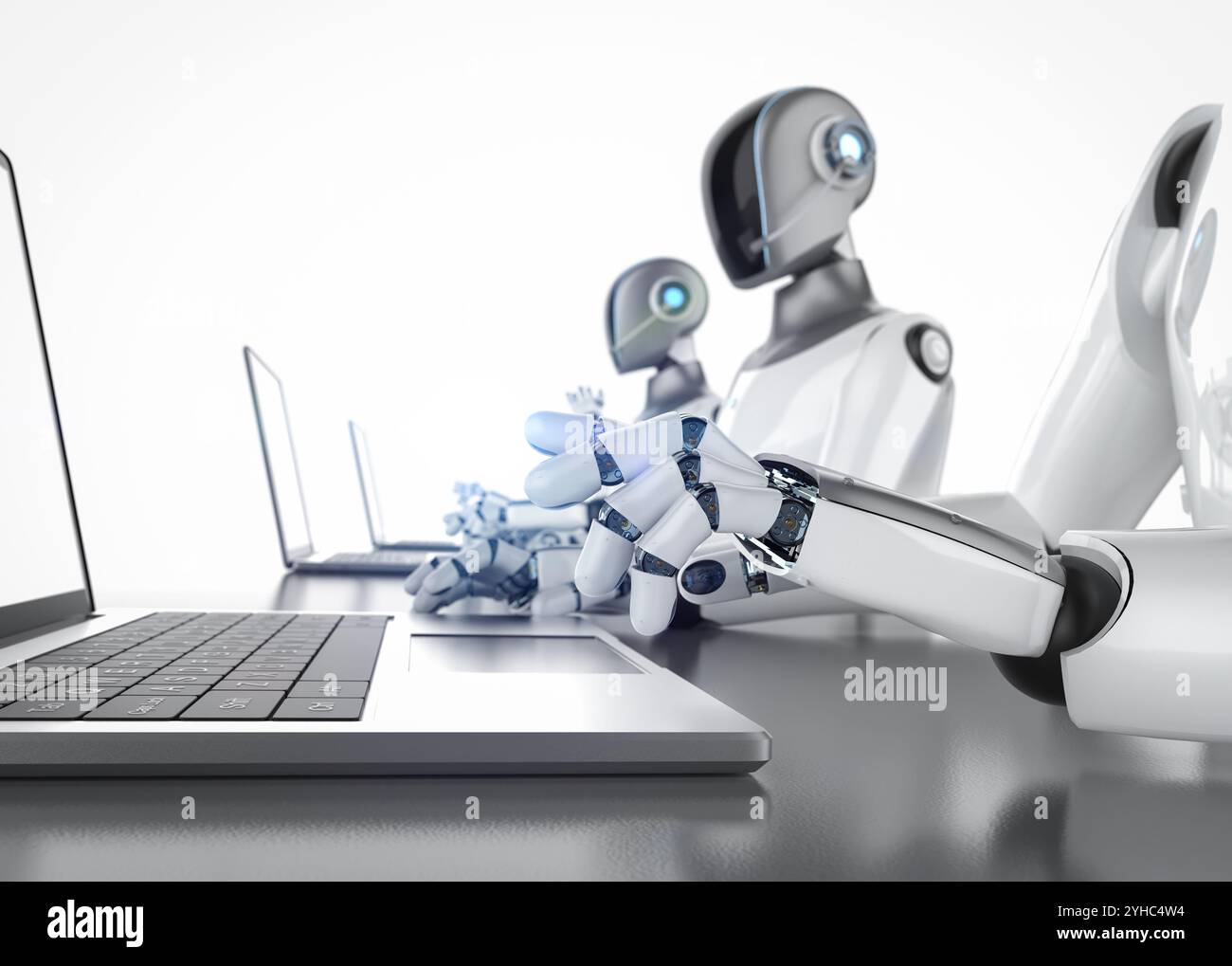 3d rendering group of humanoid robots or ai cyborgs with laptop computers isolated on white ...